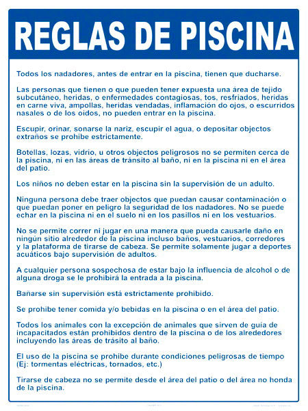 Pool Rules Generic Spanish Sign - 18x24 Inch - Styrene Plastic