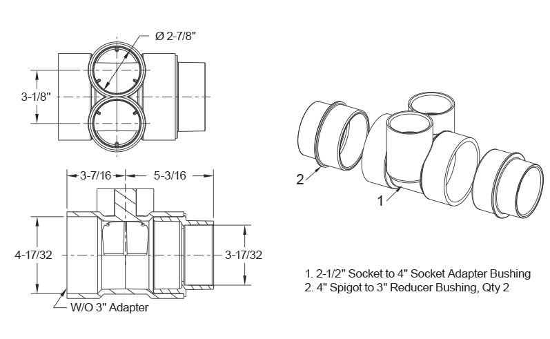 BFB101 - Horizontal Tee With Two 2-1/2 Inch Slip to 4 Inch Transitional ...