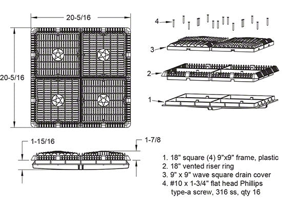 AquaStar 18 Inch Square Mud Frame With Four 9 Inch Wave Anti-Entrapment ...