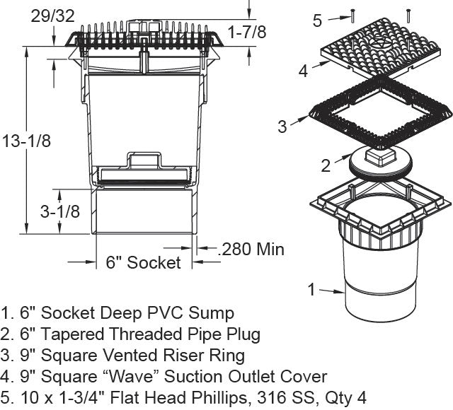 Aquastar 9 Inch Square Wave Anti-Entrapment Suction Outlet Cover With ...
