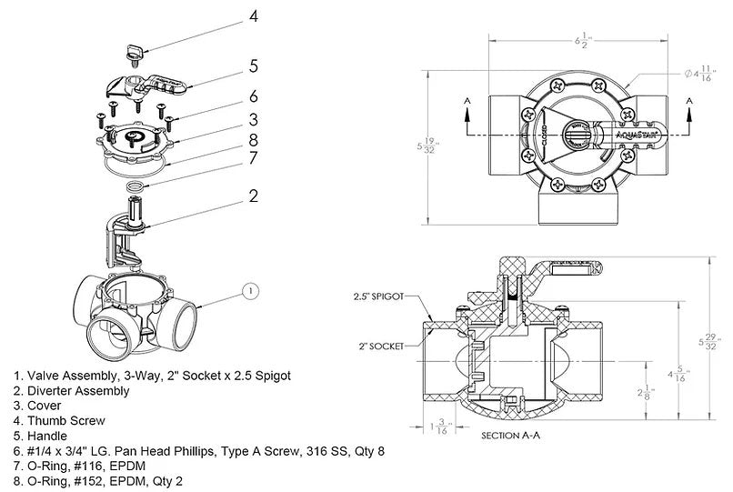 AquaStar FlowStar 3-Way Diverter Valve With Rubber Handle - 2 Inch x 2. ...