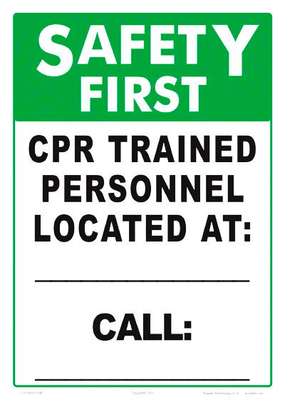 Safety First CPR Personnel Sign - 10x14 Inch
