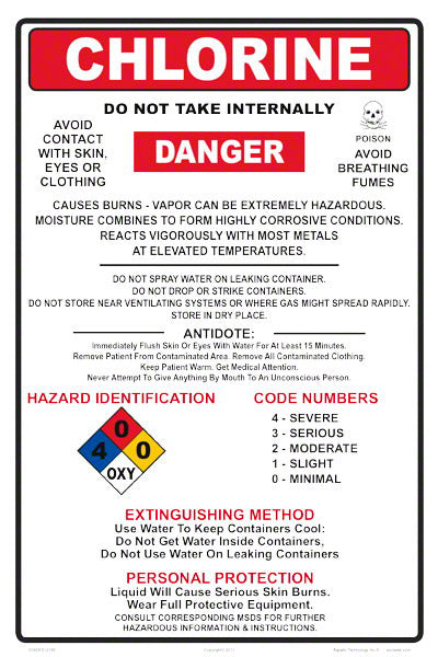 Chlorine Danger Instruction Sign - 12x18 Inch - Adhesive Vinyl