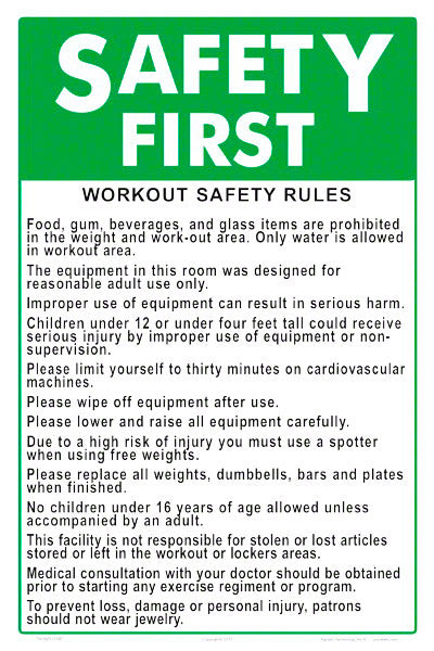 Safety First Workout Safety Rules Sign - 12x18 Inch