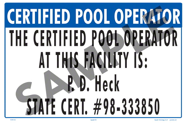 Certified Pool Operator Aluminum Sign - 18x12 Inch