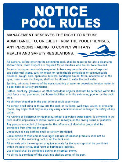 Pool Rules Generic Sign - 18x24 Inch - Styrene Plastic - Style C