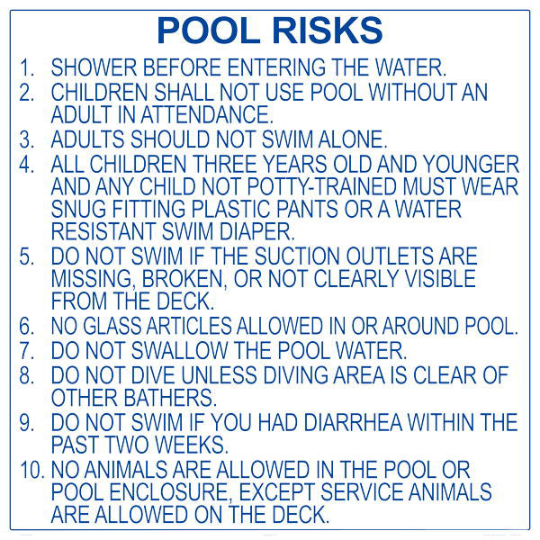 Georgia Pool Rules Aluminum Sign - Pool Risks - 30x30 Inch