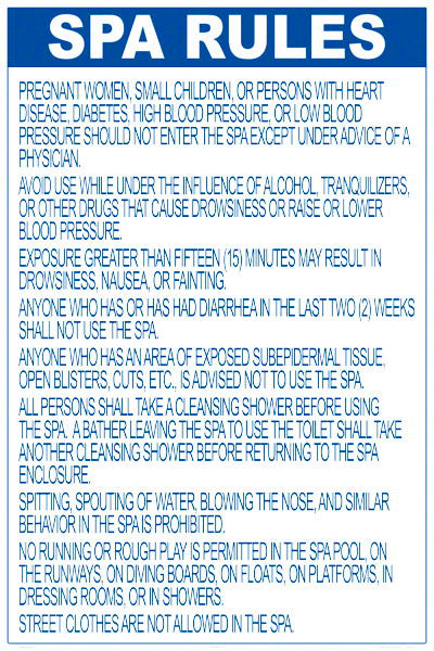 Indiana Spa Rules Sign - 24x36 Inch