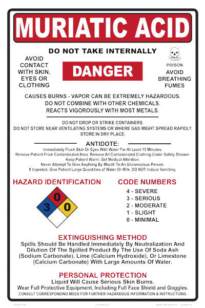 Muriatic Acid Danger Instruction Sign - 12x18 Inch