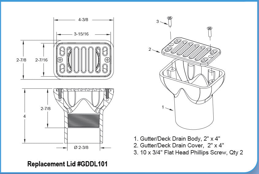 AquaStar Gutter Deck Drain Grate and Base - 2 x 4 Inches - GDD101